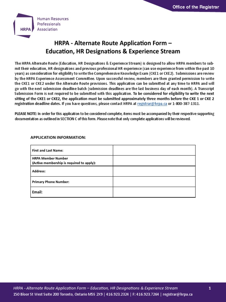 HRPA - Alternate Route Application Form - Education, HR Designations ...
