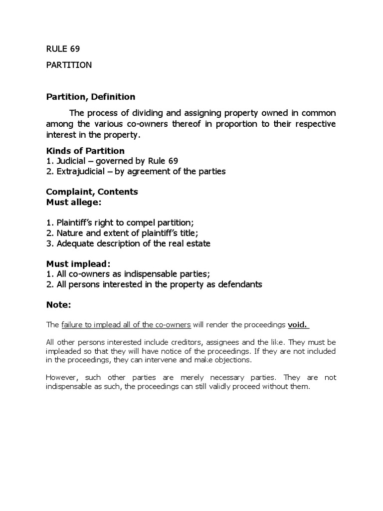 RULE 69 (PARTITION) Reviwer | PDF | Concurrent Estate | Judgment (Law)