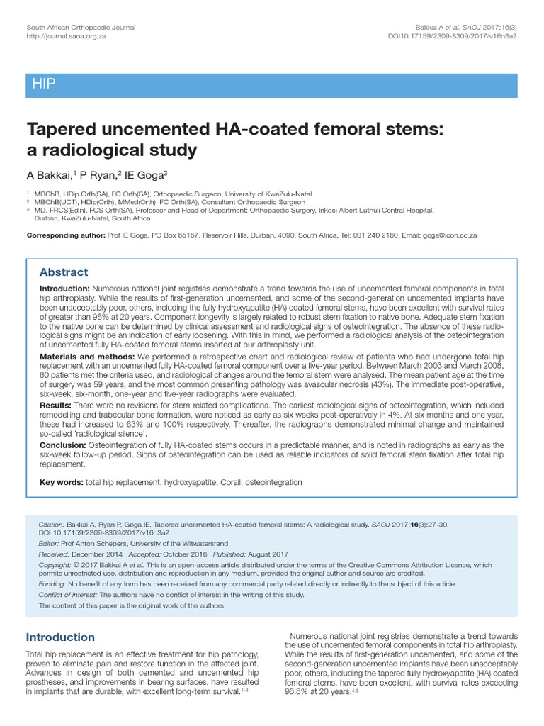 Tapered Uncemented HA-coated Femoral Stems: A Radiological Study | PDF ...