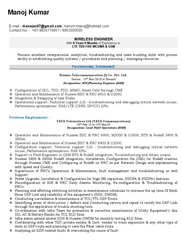 Manoj Kumar Resume | PDF | Lte (Telecommunication) | Telecommunications Equipment
