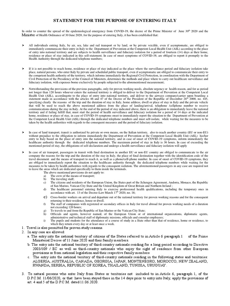 Statement For The Purpose of Entering Italy | PDF | Government | Justice