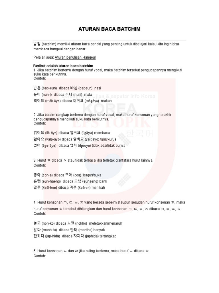 Aturan Baca Batchim dalam Hangeul | PDF | Seni & Disiplin Bahasa