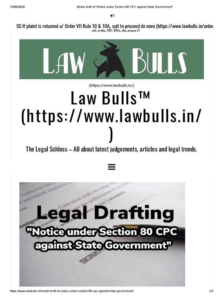 Model Draft of - Notice Under Section 80 CPC Against State Government | PDF | Private Law ...