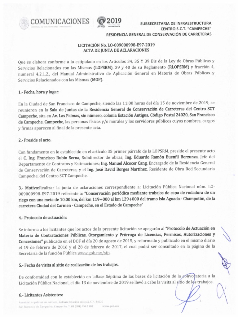 Acta de Junta de Aclaraciones E97 PDF | PDF | Campeche | Naturaleza