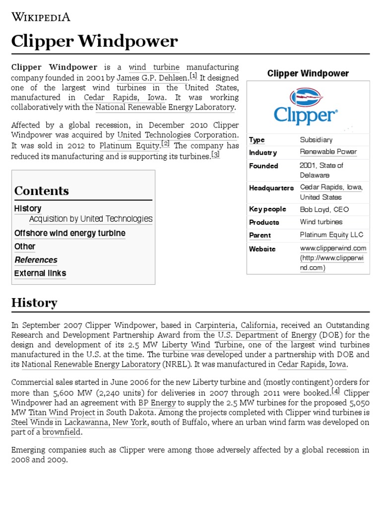 Clipper Windpower - Wikipedia | PDF | Renewable Electricity | Wind Power
