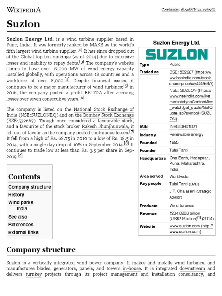 Suzlon - Wikipedia | Download Free PDF | Energy And Resource | Business