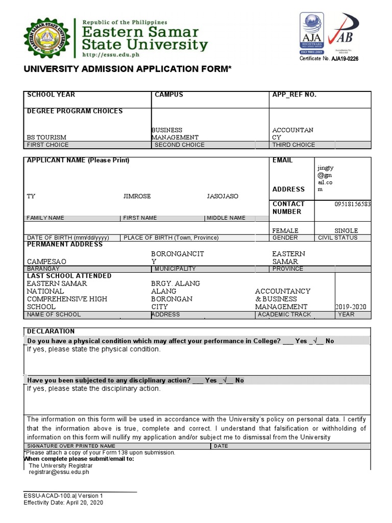 University Admission Application Form | PDF | Government | Business