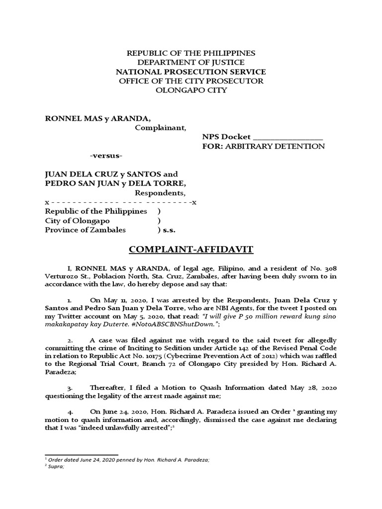 National Prosecution Service: Complaint-Affidavit | PDF | Detention ...