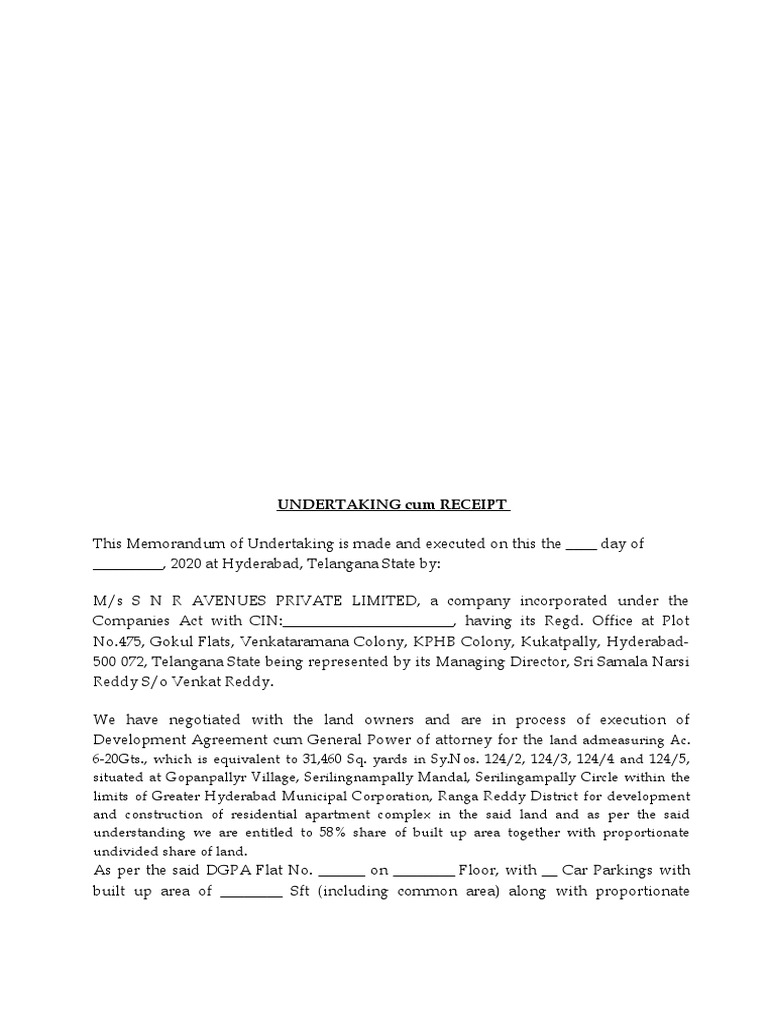 Undertaking Cum Receipt - SNR Avenues | PDF | Private Law | Government