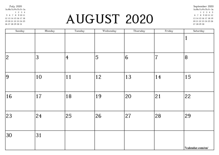 Calendar 8 2020 L A4 7calendar | PDF