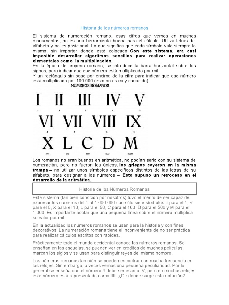 Historia de Los Números Romanos | PDF | Notación | Enseñanza de matemática