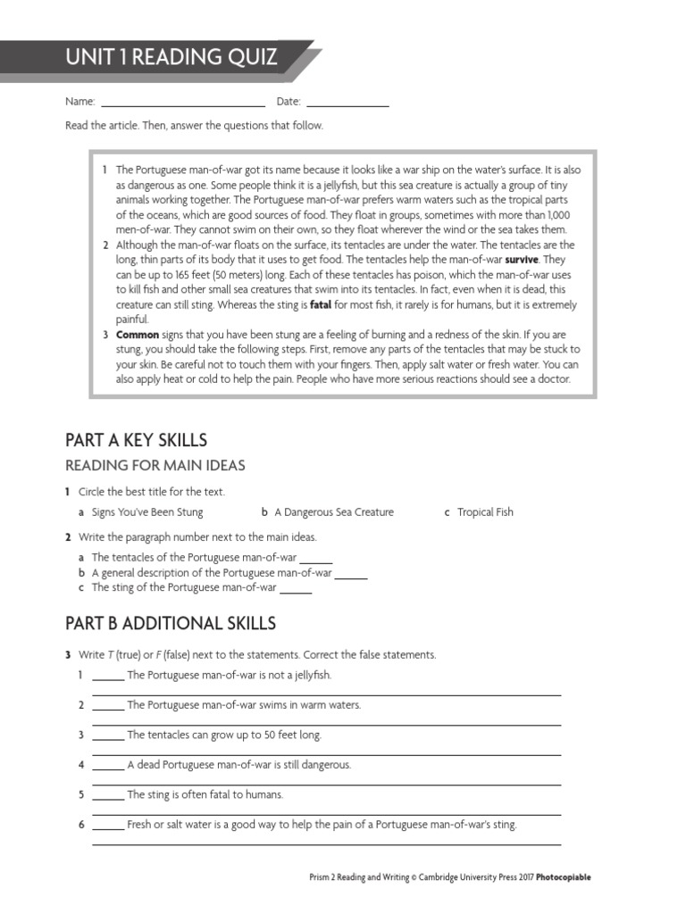 Unit 1 Reading Quiz: Part A Key Skills | PDF | Sharks | Organisms