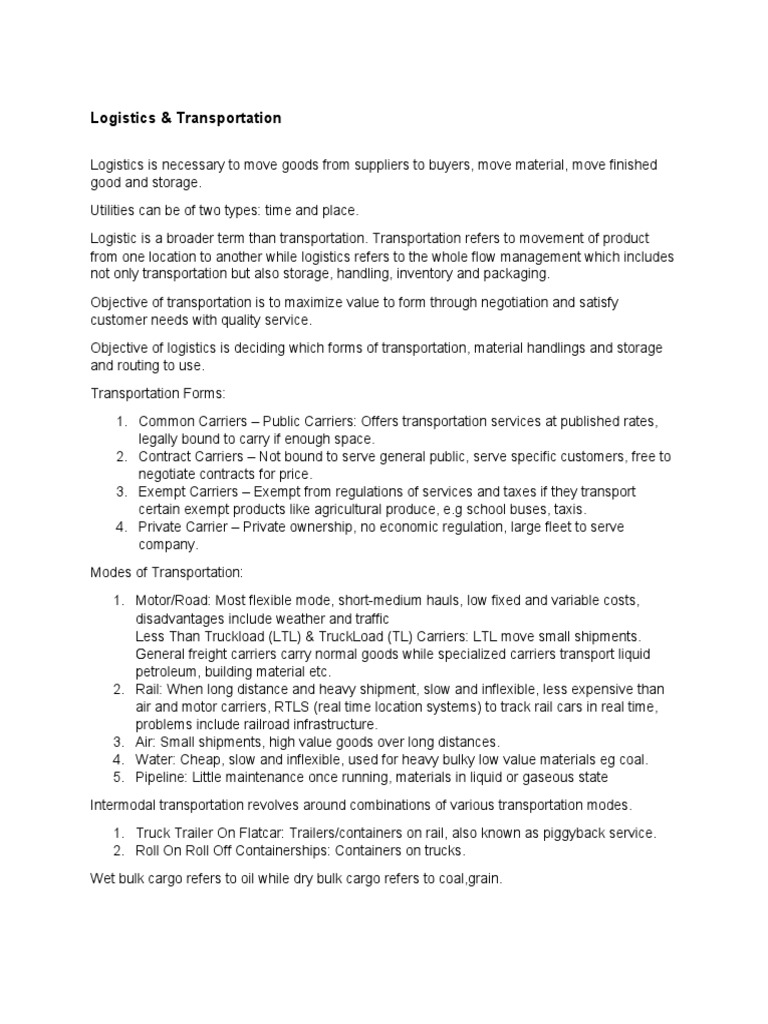 Supply Chain Notes - Transport and Logistics | PDF | Transport | Cargo