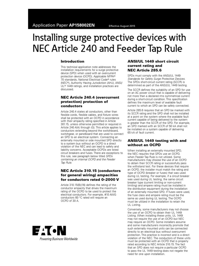 Installing Surge Protective Devices With NEC Article 240 and Feeder Tap ...