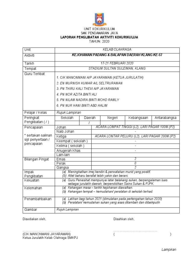 Borang Laporan Aktiviti Kokurikulum OLAHRAGA 2020 | PDF