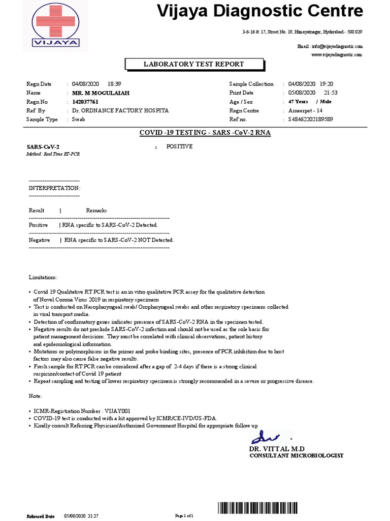 Laboratory Test Report: Sars-Cov-2 | PDF | Reverse Transcription ...