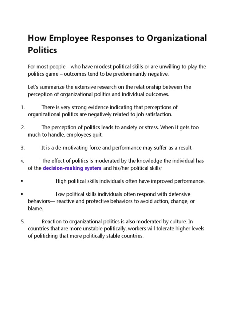 How Employee Responses To Organizational Politics: Decision-Making ...