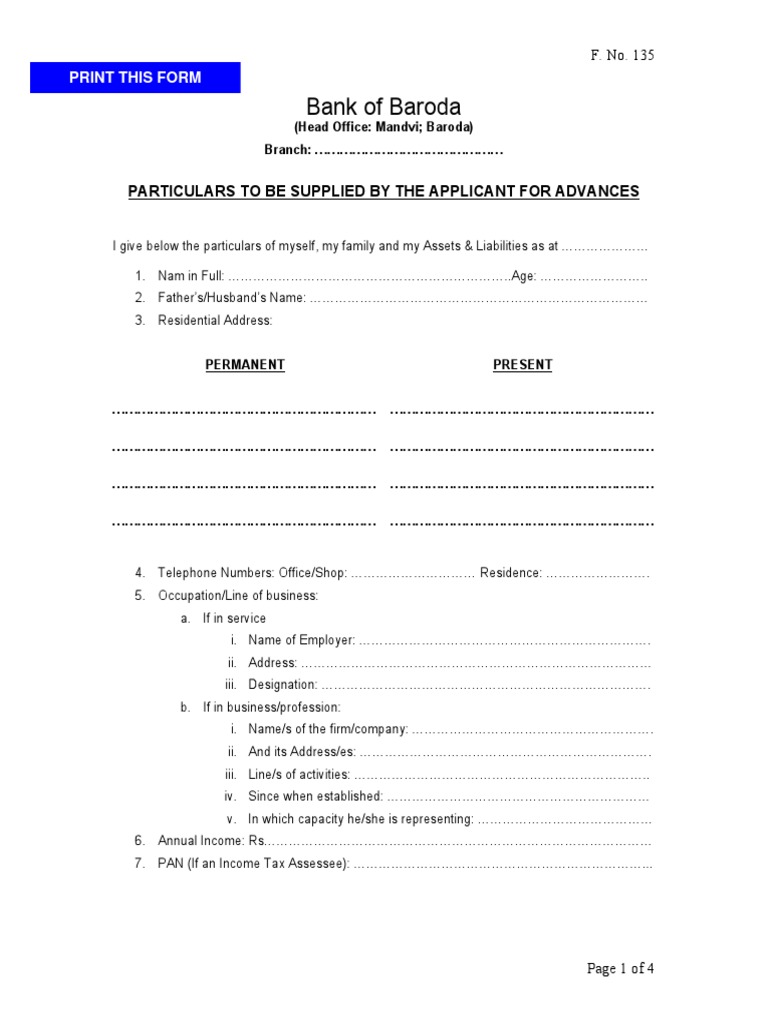 Bank of Baroda: Particulars To Be Supplied by The Applicant For ...