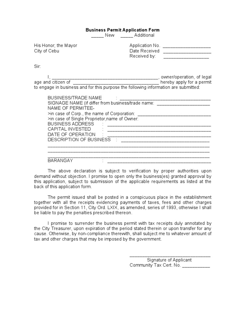 Business Permit Application Form-Cebu | PDF | Lease | Sole Proprietorship