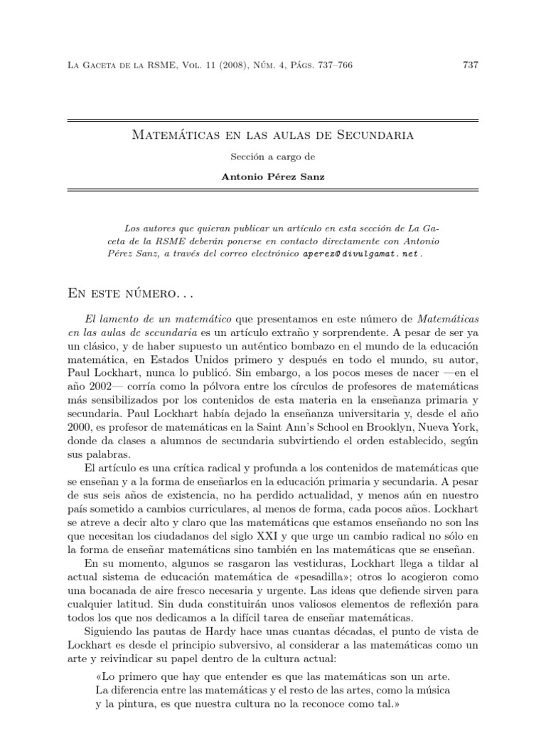 Lamento de Un Matemático, Por Paul Lockhart | PDF | Enseñanza de ...