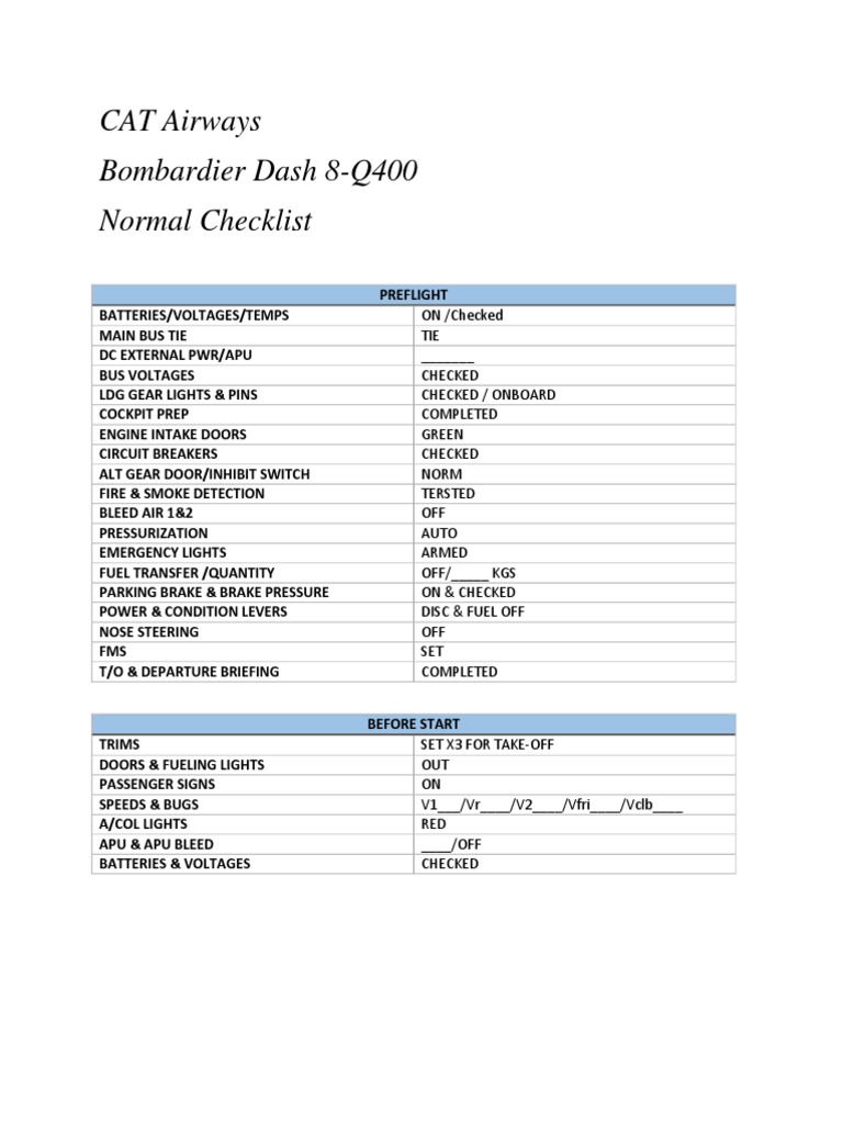 CAT Airways Bombardier Dash 8-Q400 Normal Checklist | PDF | Aviation ...