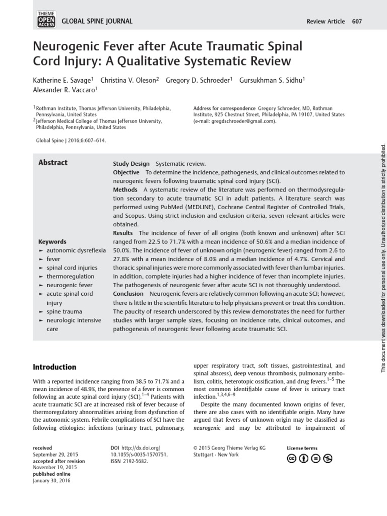 Neurogenic Fever After Acute Traumatic Spinal Cord Injury: A ...