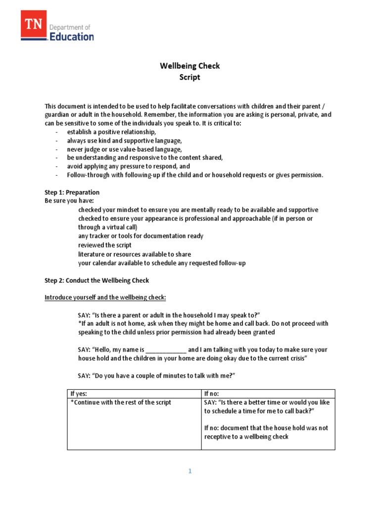 Wellbeing Check Script PDF | PDF | Communication