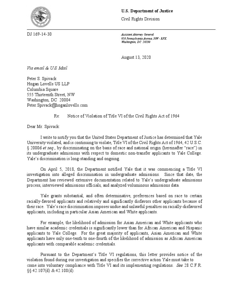 DOJ Letter To Yale | PDF | Federal Government Of The United States ...