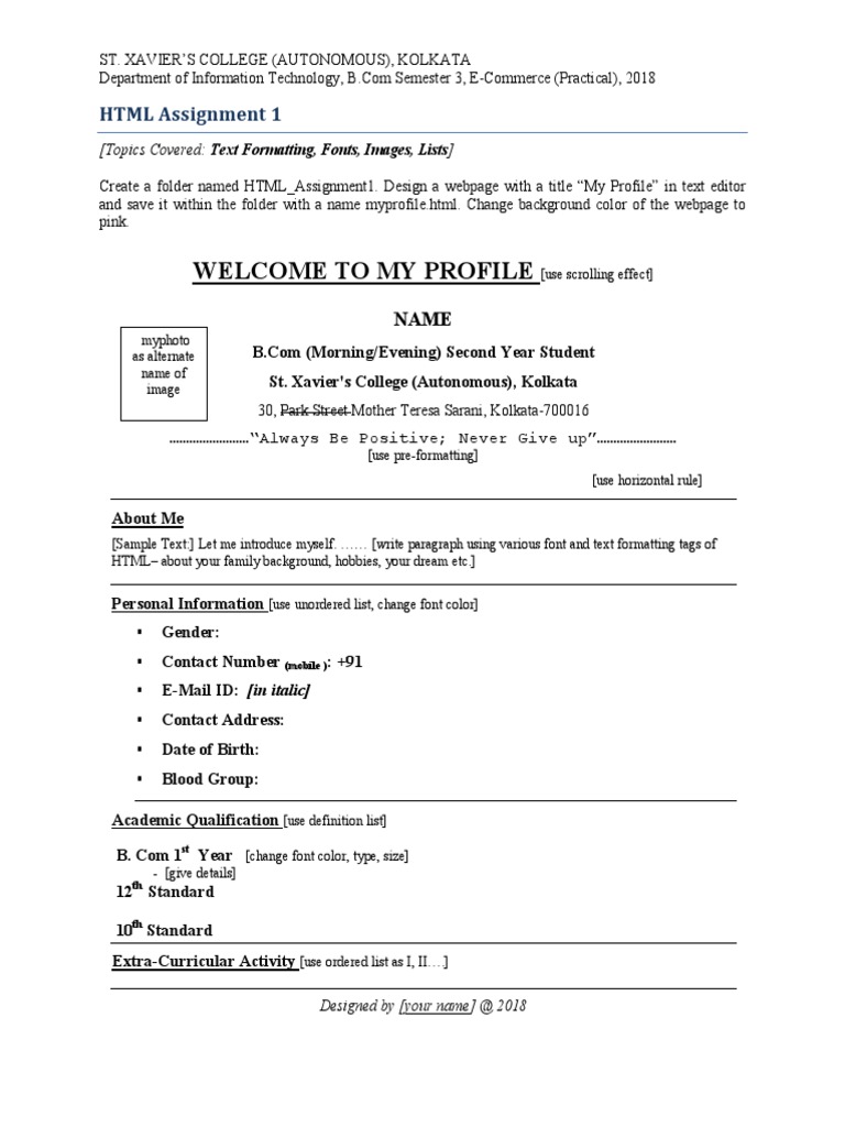 Welcome To My Profile: HTML Assignment 1 | PDF