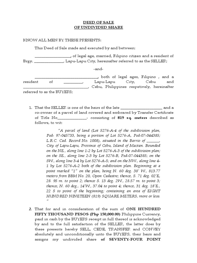 Deed of Sale for Undivided Land Share | PDF | Law And Economics | Civil ...