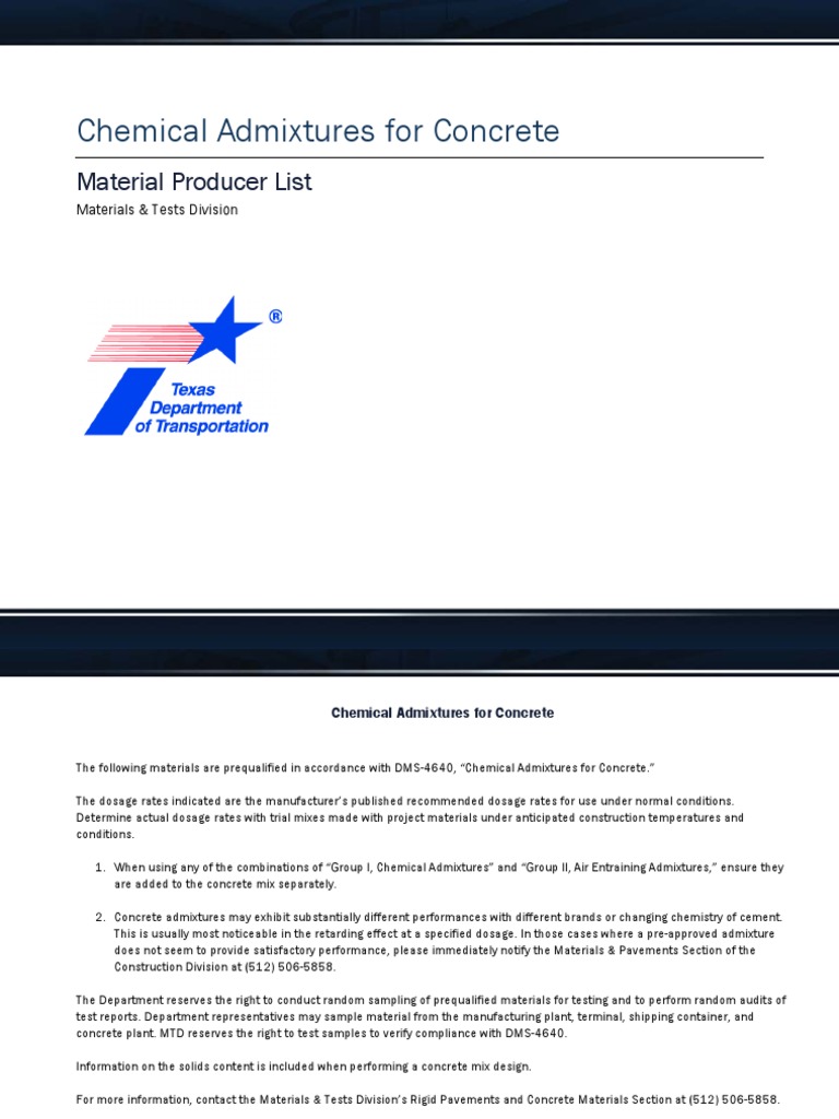 TXDOT Approved Chemical Admixtures List | PDF | Concrete | Building ...