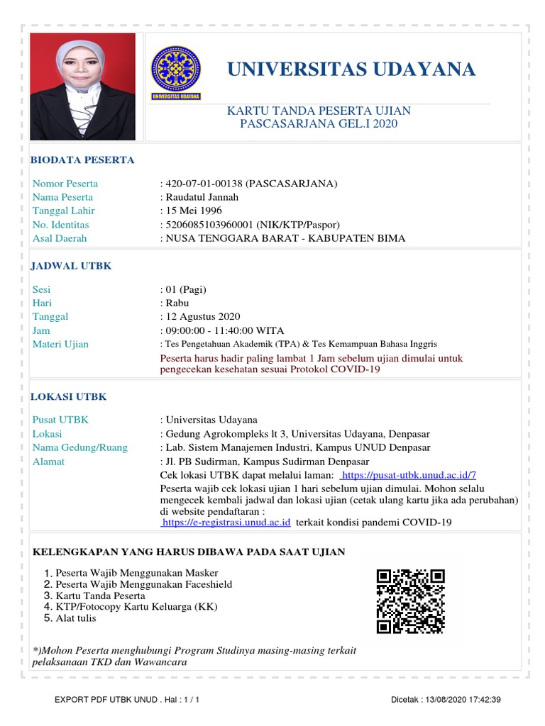 Kartu Peserta Utbk Unud 202007010170 | PDF