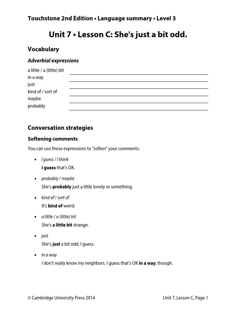 Unit 7 - Lesson C: She's Just A Bit Odd.: Touchstone 2nd Edition - Language Summary - Level 3 | PDF