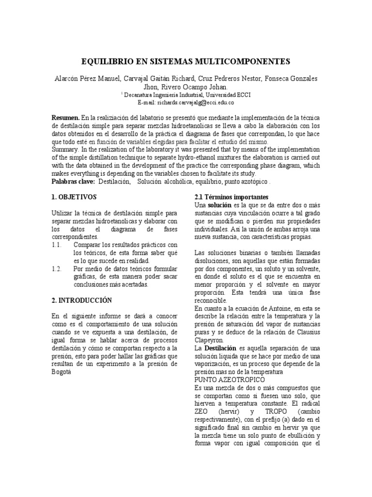 Equilibrio en Sistemas Multicomponentes | PDF | Destilación | Procesos ...