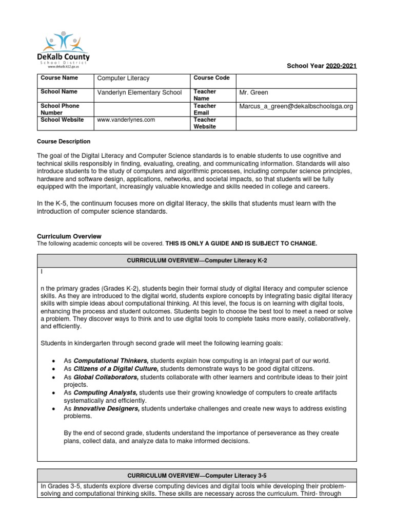 k-5 Syllabus Computer Literacy | PDF | Literacy | Learning