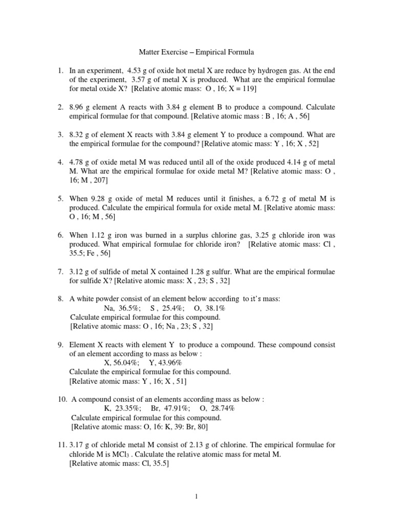 Empirical Formula Problems | PDF | Chlorine | Chemical Compounds