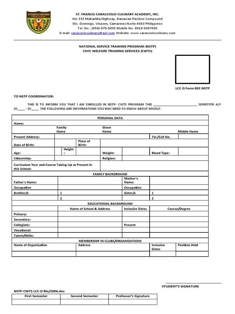 NSTP Form | PDF | Cognition | Learning