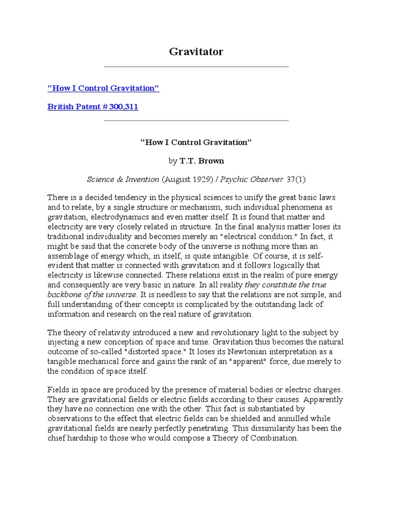 Gravitator: "How I Control Gravitation" British Patent # 300,311 | PDF ...