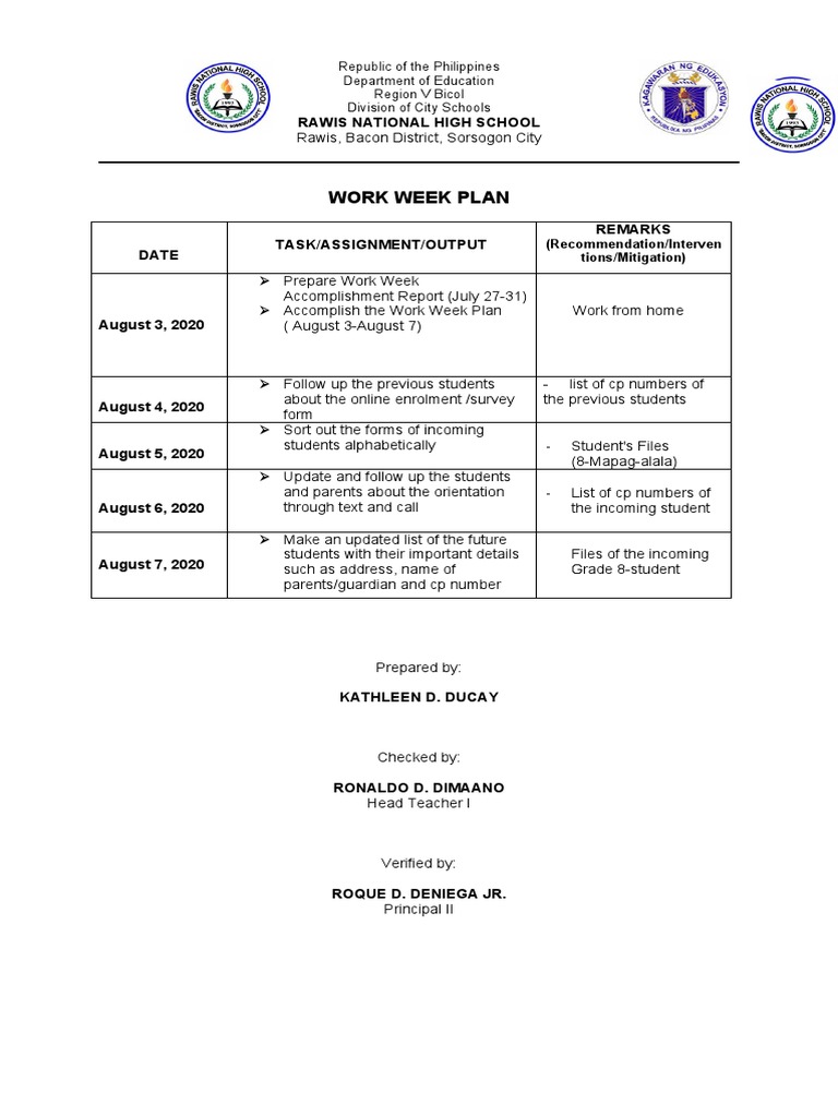 Work Week Plan: Rawis National High School | PDF
