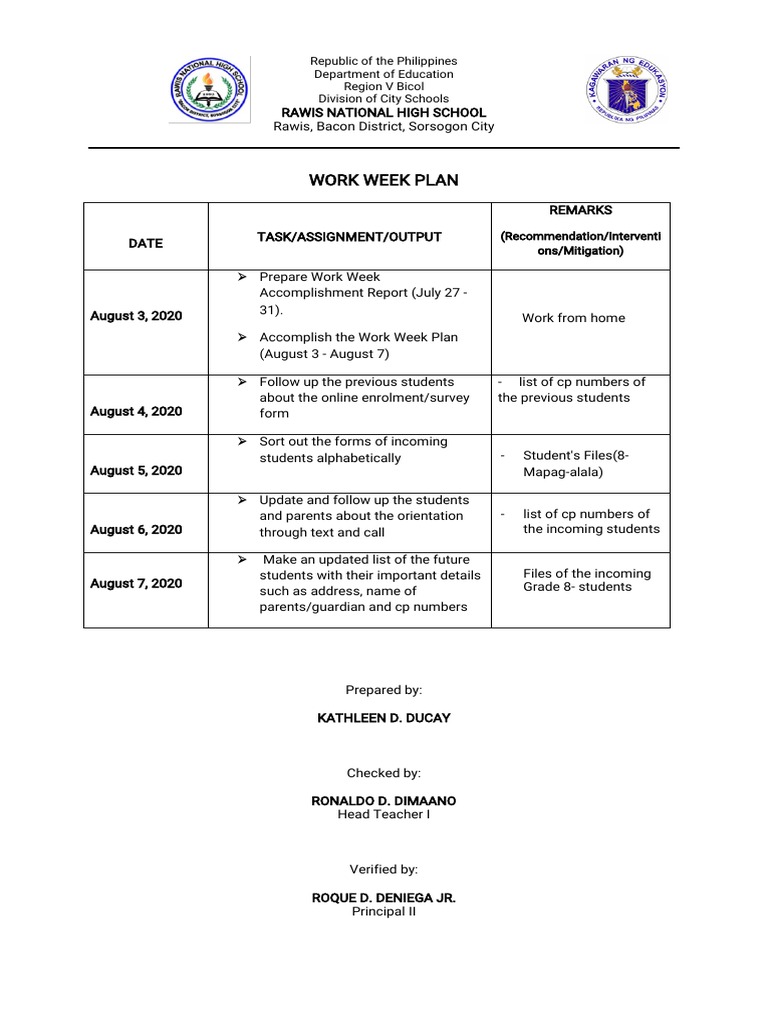WORK WEEK PLAN August 3 7 | PDF