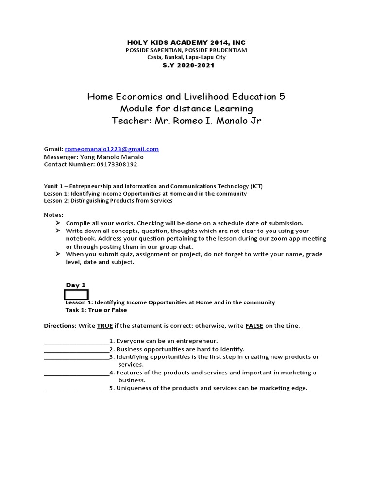 Home Economics and Livelihood Education 5 Module For Distance Learning ...