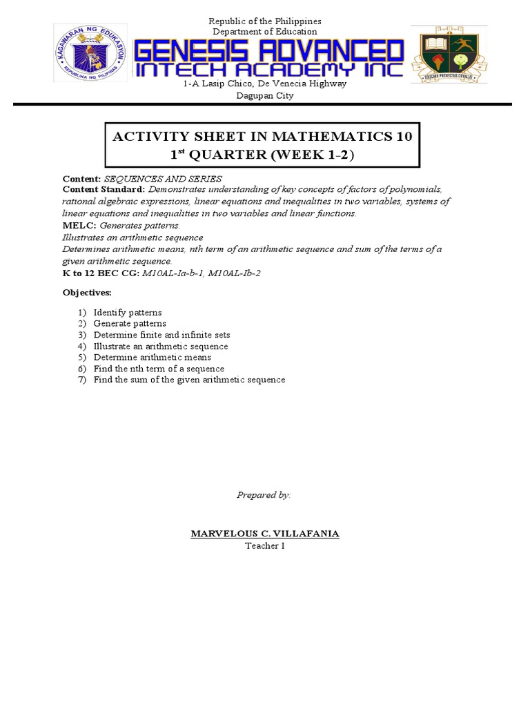 Learning Activity Sheet#1 (Math10) (Week1-2) | PDF | Numbers | Summation
