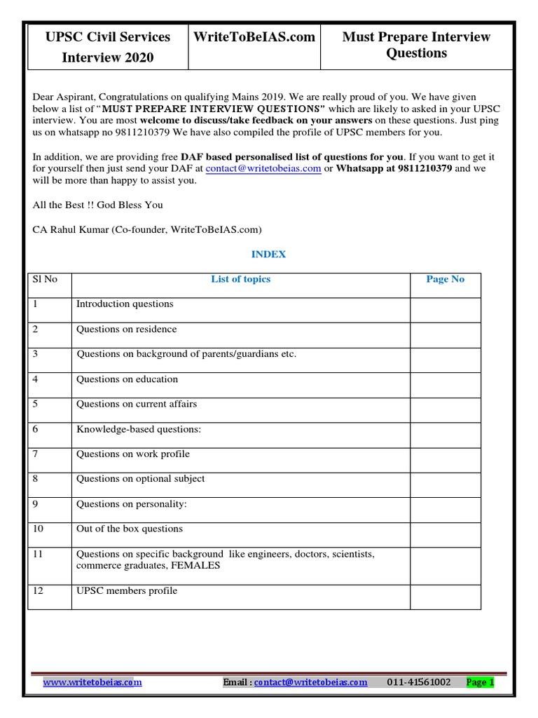 UPSC Civil Services Interview 2020 Must Prepare Interview Questions ...