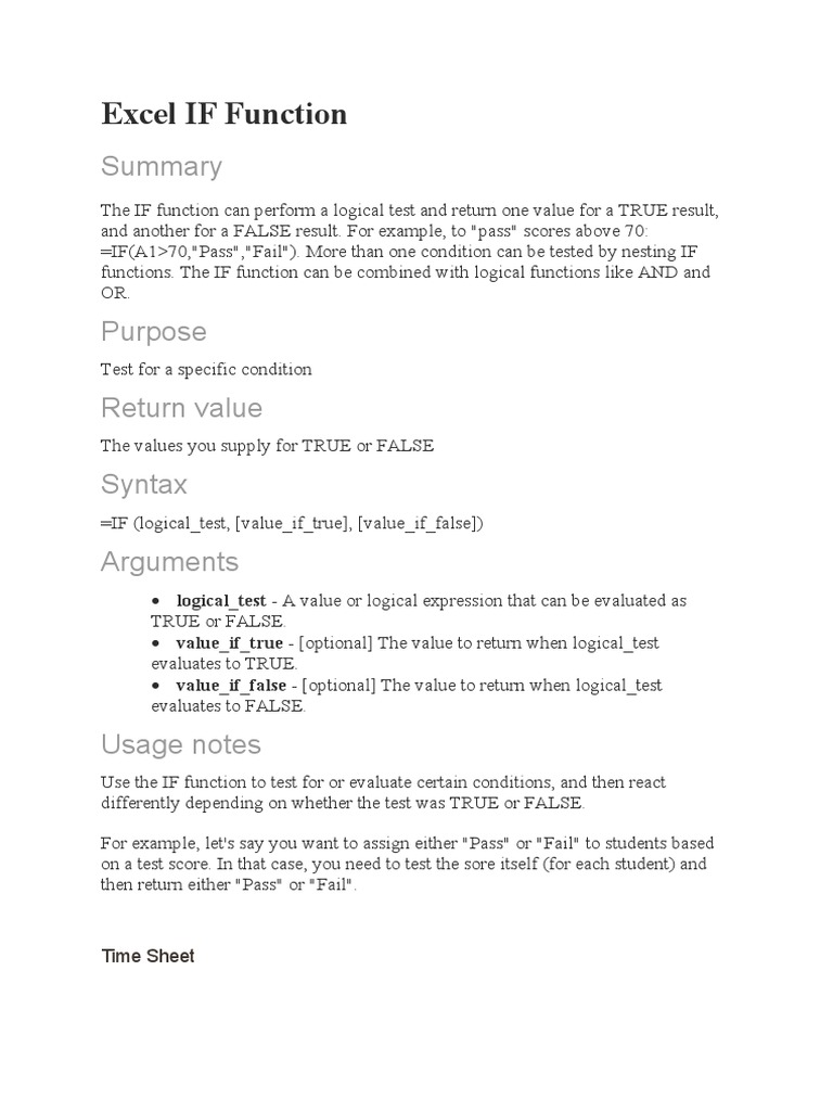 Excel IF Function: Time Sheet | PDF