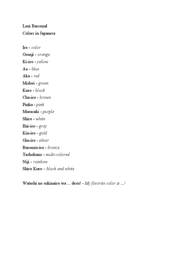 Colors and Body Parts in Japanese | PDF