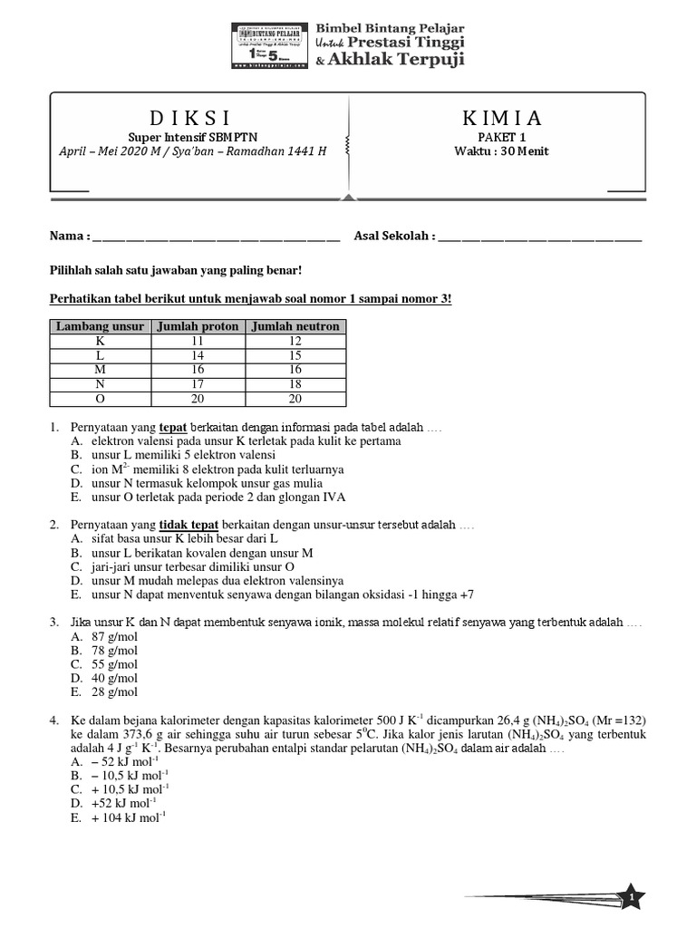 Soal DIKSI SI SBMPTN - KIMIA - Paket 1 TA19-20 | PDF