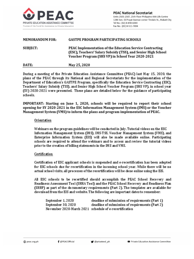 PEAC Memo On The GASTPE Program Implementation in SY 2020 2021 | PDF ...