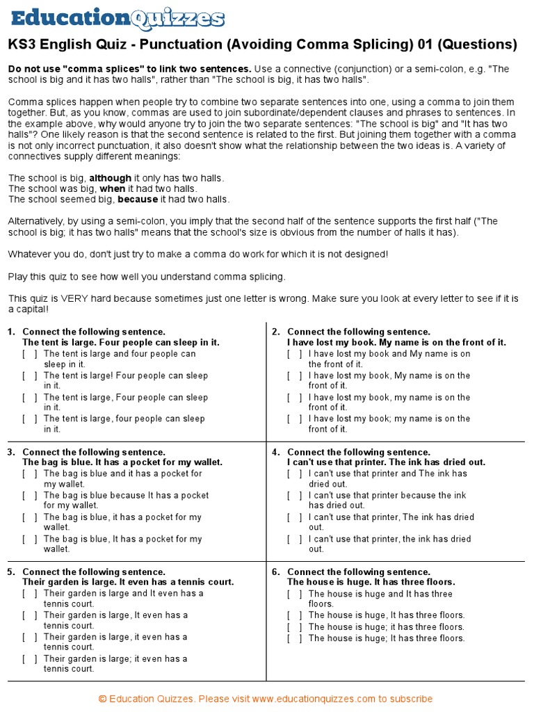 KS3 - English - Punctuation - Avoiding - Comma - Splicing - 01 Homework PDF | PDF | Comma ...