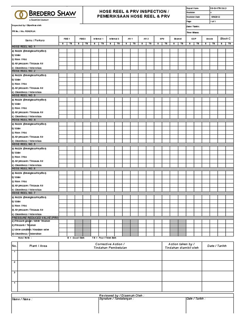 RD-G KTN 5.6.3 Hose Reel & PRV Checklist Rev 4 | PDF | Continuum Mechanics | Plumbing