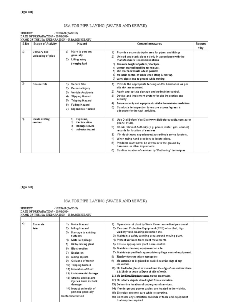 Jsa For Pipe Laying Water and Sewer-1 | PDF | Personal Protective ...